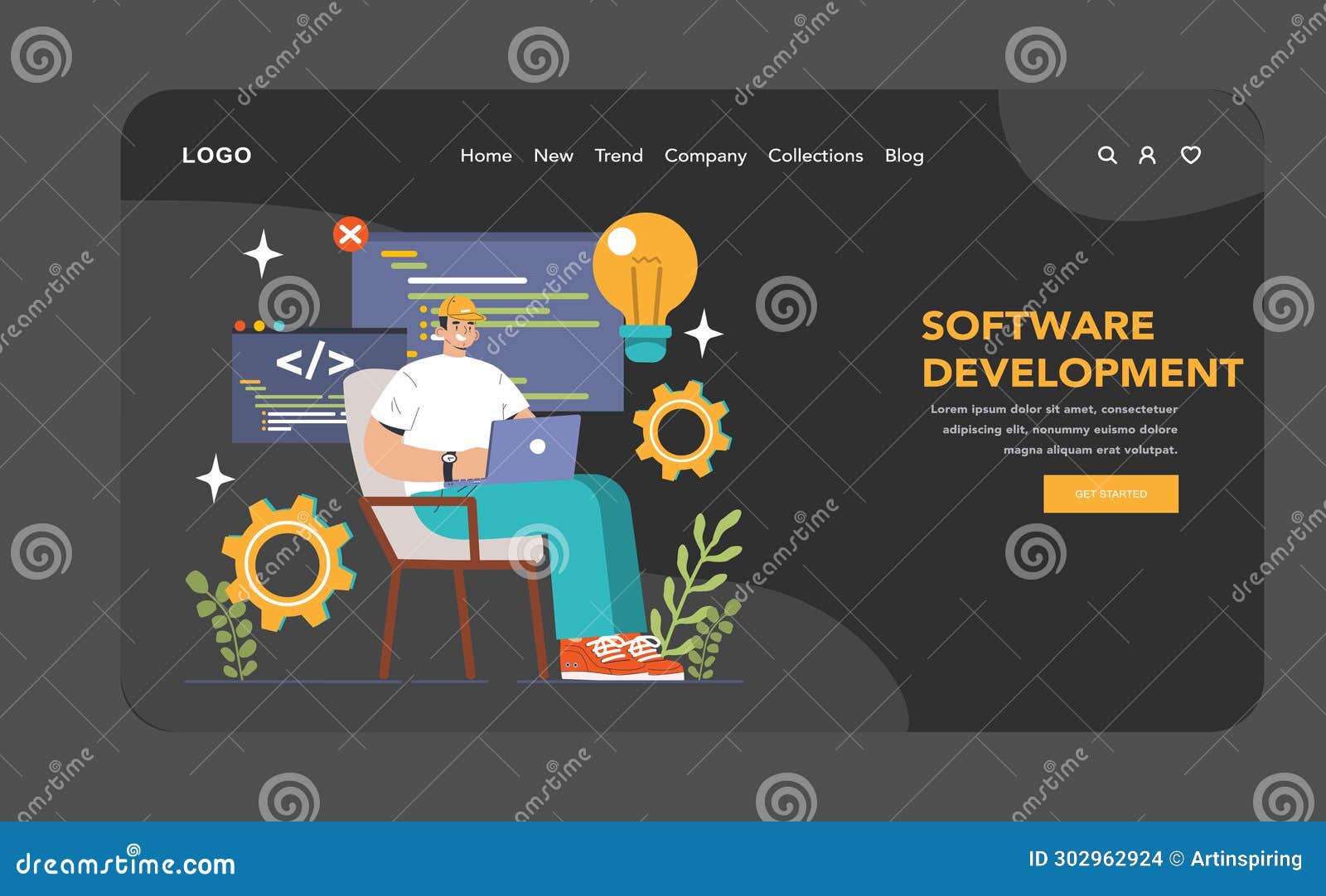 Software Development Web Banner Or Landing Page Dark Or Night Mode Stock Vector Illustration