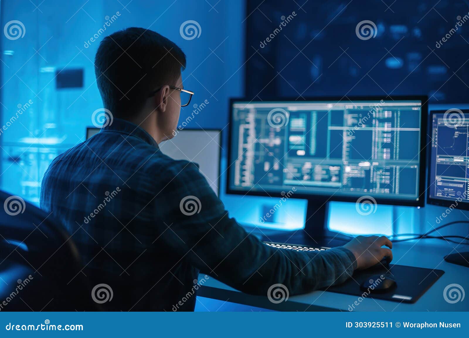 Software Develper Man Wearing Glasses Working Coding Write A Program Develope Ai Application On