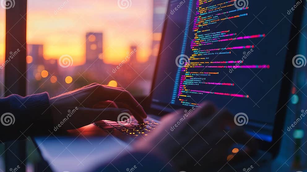Software Engineer Coding On A Laptop With Colorful Code Lines On The Screen At Sunset Ideal For