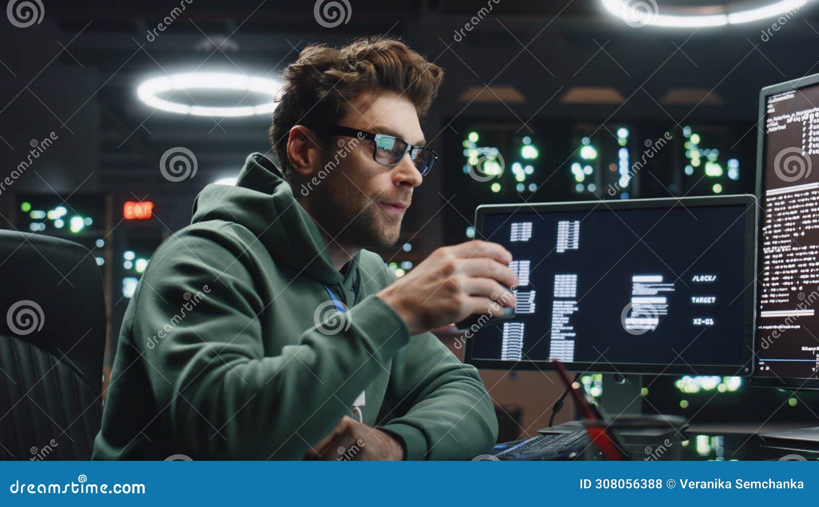 Software Engineer Looking Monitors in Advanced Monitoring Office Close ...