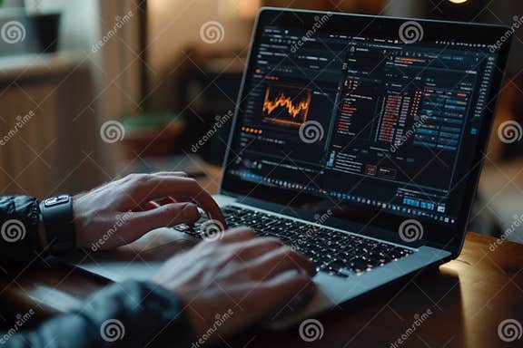 Software Engineer Programming and Analyzing Code and Graphs on Laptop at Night Stock Image ...