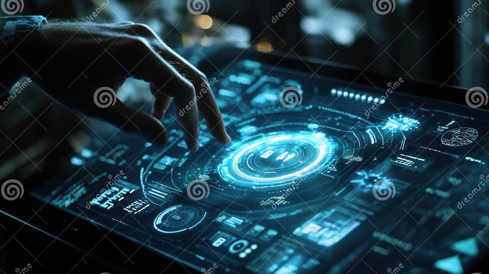 Software Engineer Touching Futuristic Ai Control Panel Displaying Hologram Data Stock Photo ...