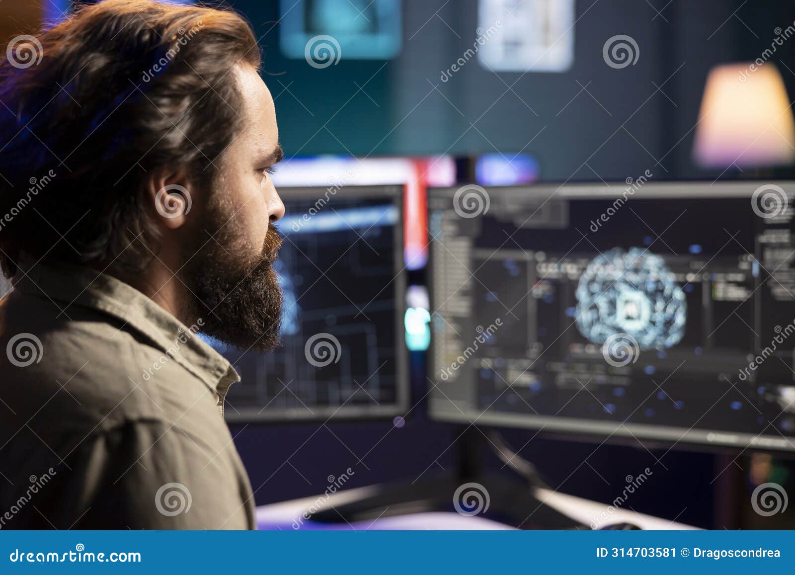 Man Working with AI Deep Neural Networks on Desktop PC, Close Up Shot ...