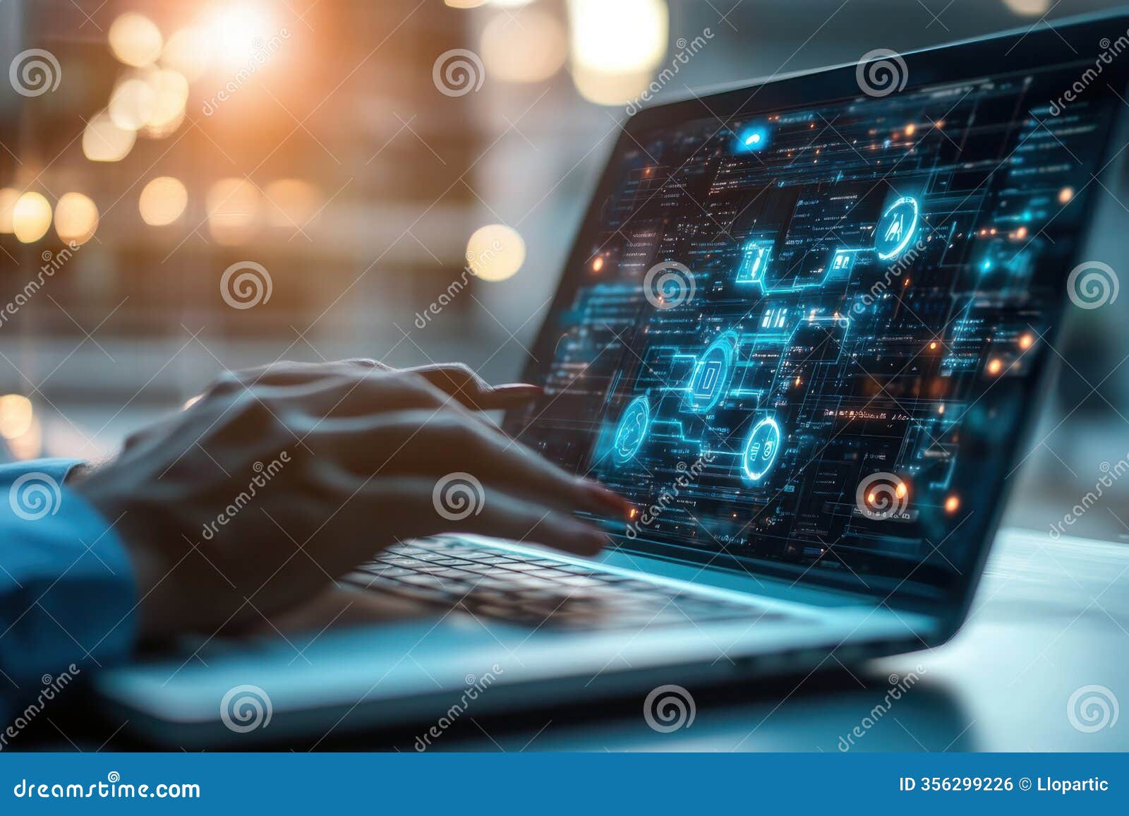 Software Engineer Working with Futuristic Augmented Reality Graphical User Interface on Laptop ...