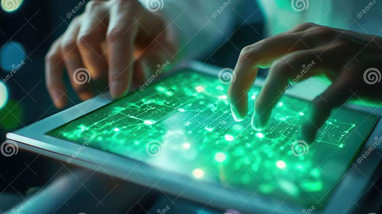 Software Engineer Working with Futuristic Digital Tablet and Exploring Data Network Connections ...