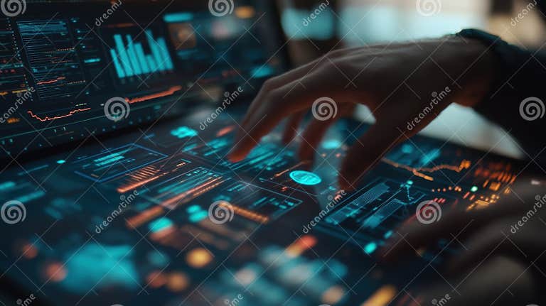Software Engineer Working With Futuristic Interactive Touchscreen Interface Displaying