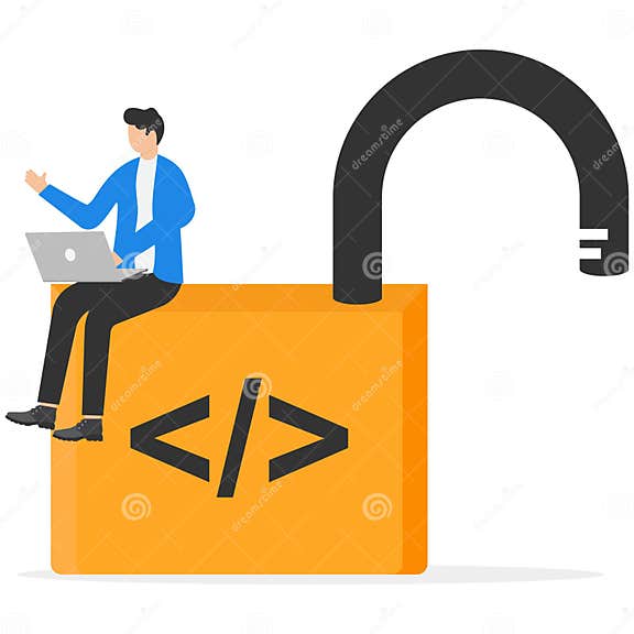 Software Engineer Working on Unlock Lock with Coding Symbol. Open Source Programming, Stock ...
