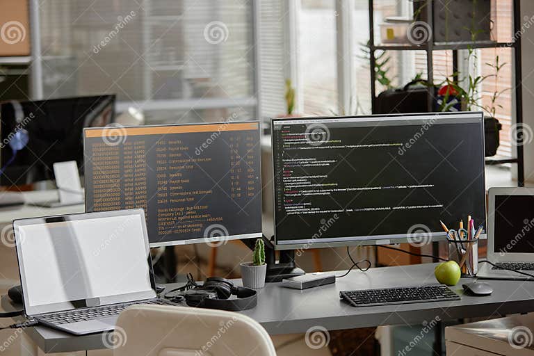 Software Engineer Workspace with Computer Script on Monitor Stock Photo ...