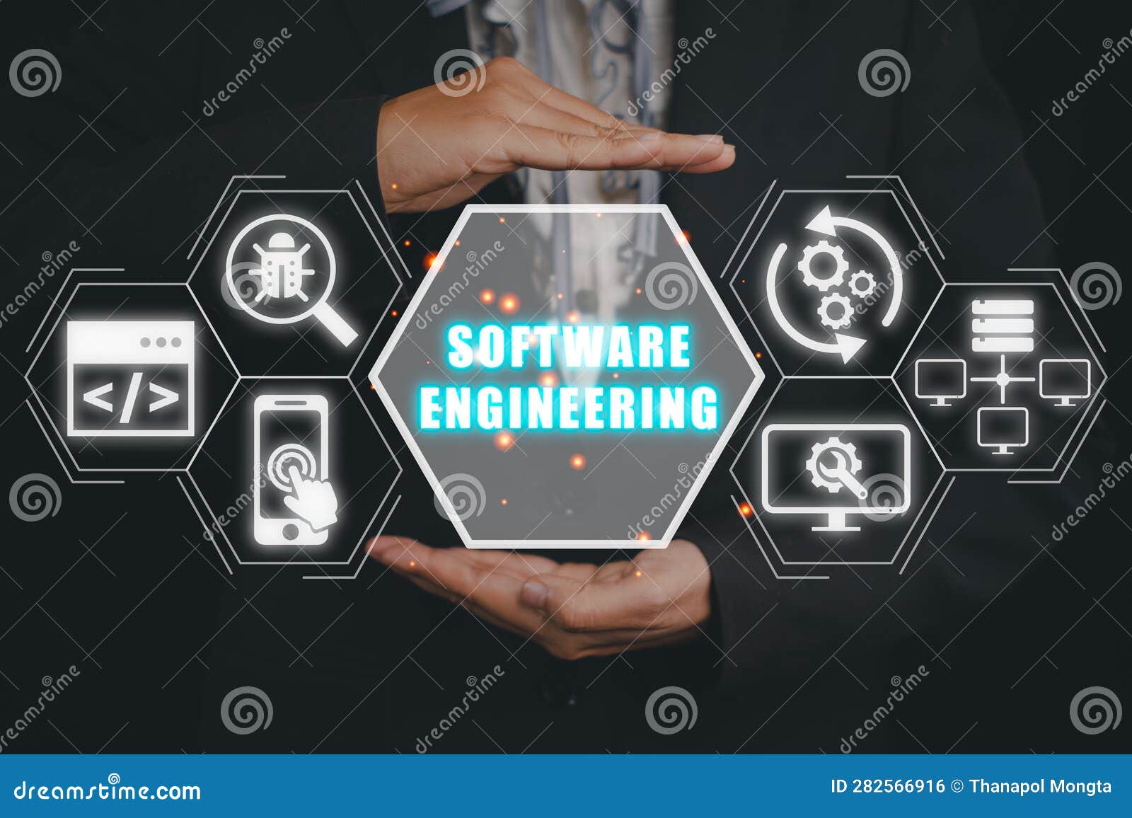 Businesswoman Hand Holding Software Engineering Icon on Virtual Screen ...