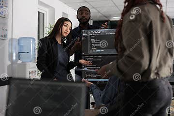 Software Engineers Collaborating on Coding Project Talking about Programming Algorithm Stock ...