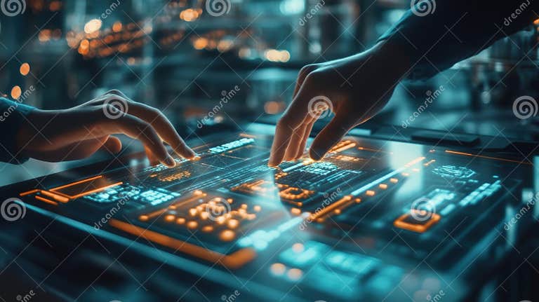 Software Engineers Developing Futuristic Interface on Transparent Touchscreen Display Stock ...