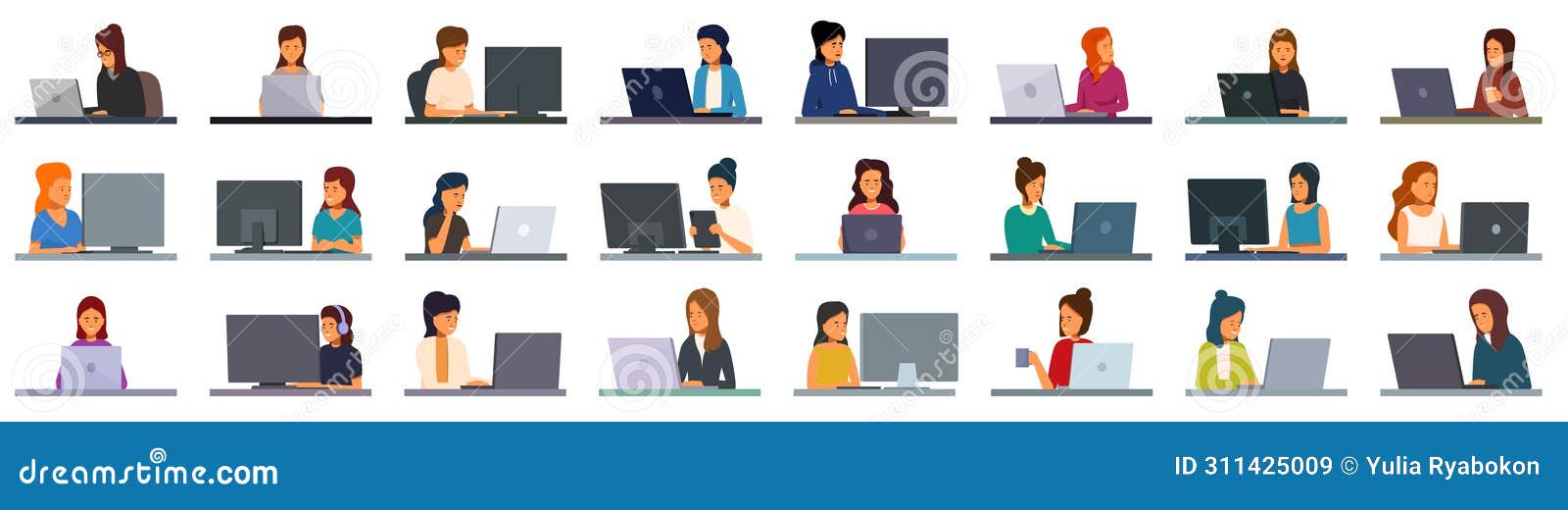 Software Programmer Girl Icons Set Cartoon Vector. it Profession Stock ...