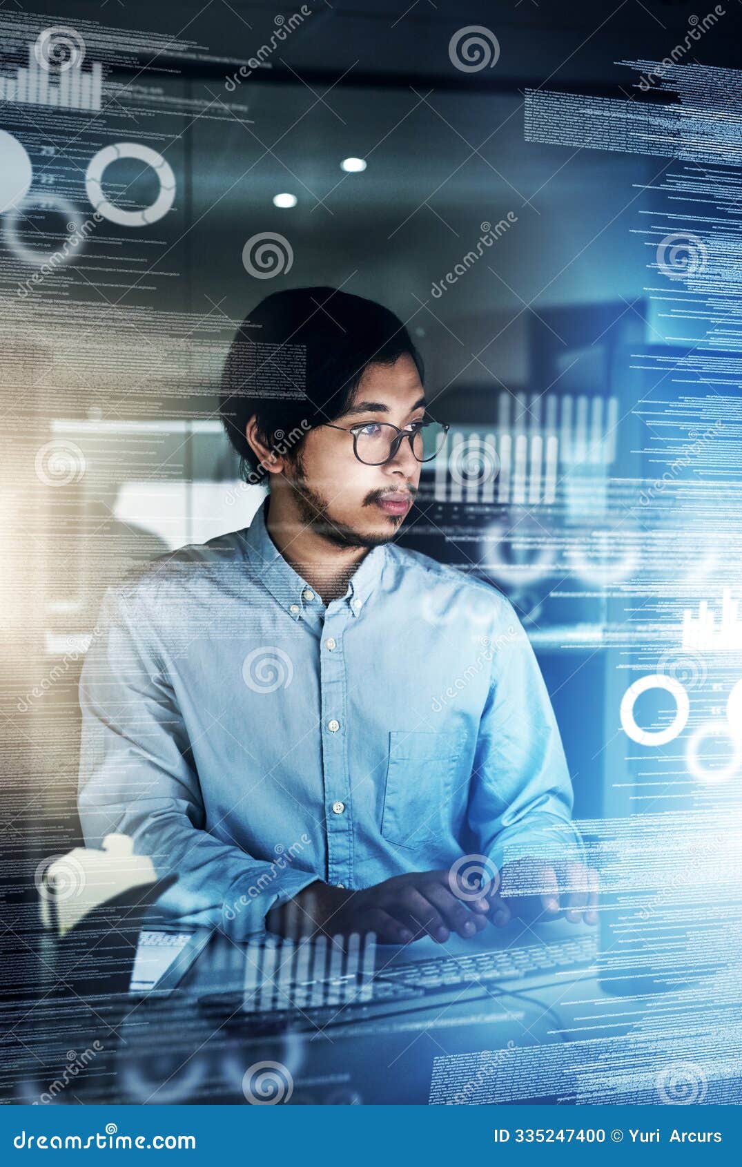 Software, Programmer and Man with Glasses, Night and Typing for Information Technology and ...