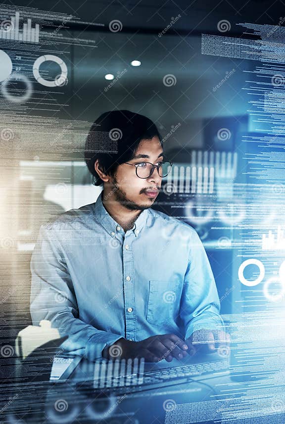 Software, Programmer and Man with Glasses, Night and Typing for Information Technology and ...