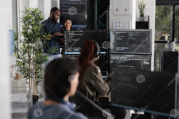 Software Programmers Discussing about Algorithms on Big Screen Editorial Photo - Image of script ...
