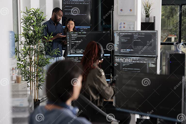 Software Programmers Discussing About Algorithms On Big Screen Editorial Photo Image Of Script