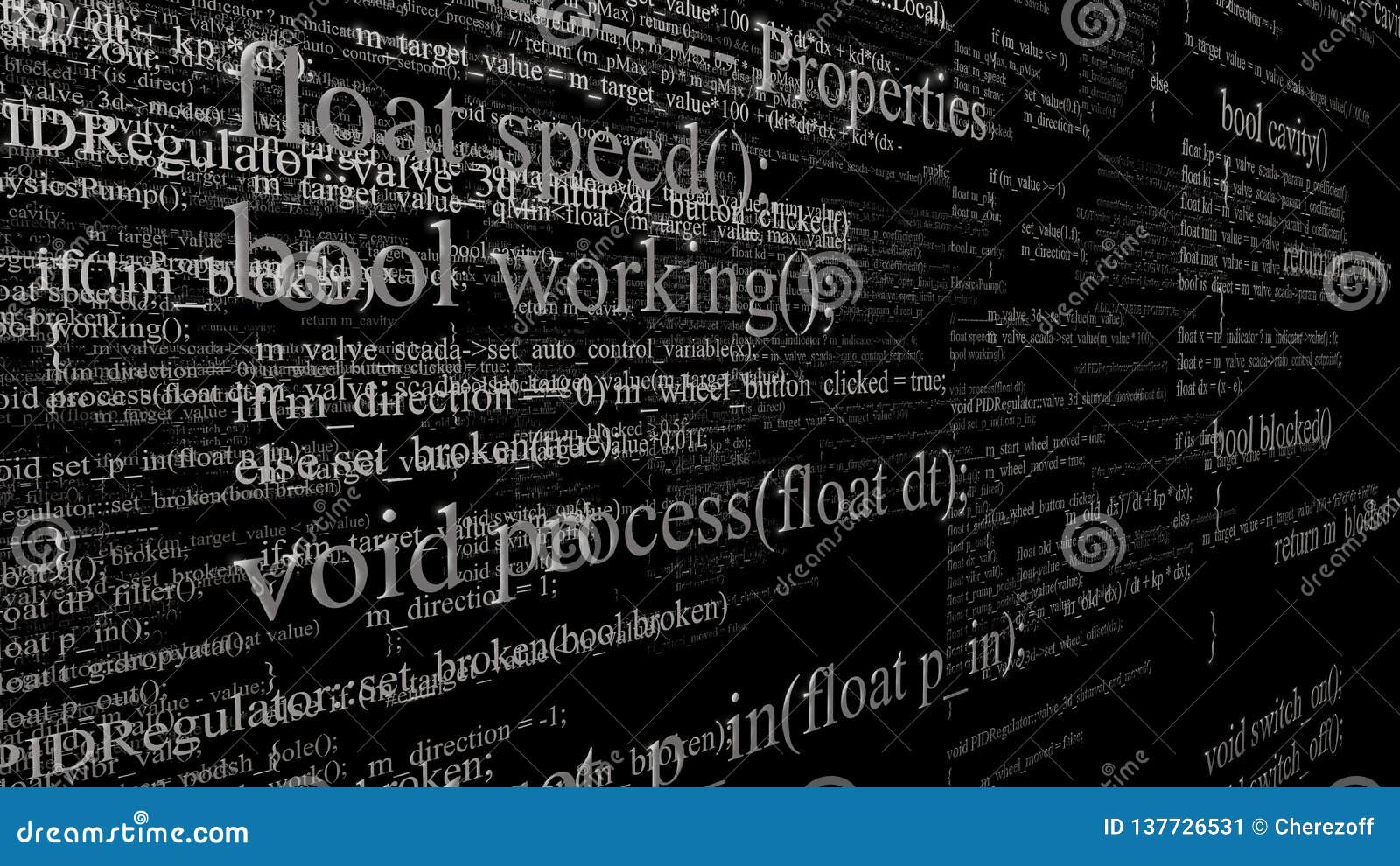 Software Source Code Layers Of Program Code On Black Background Stock