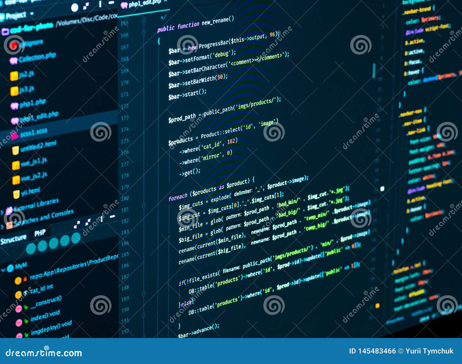 Software Source Code Programming Code Splitting Of Css And Php Code On Computer Screen