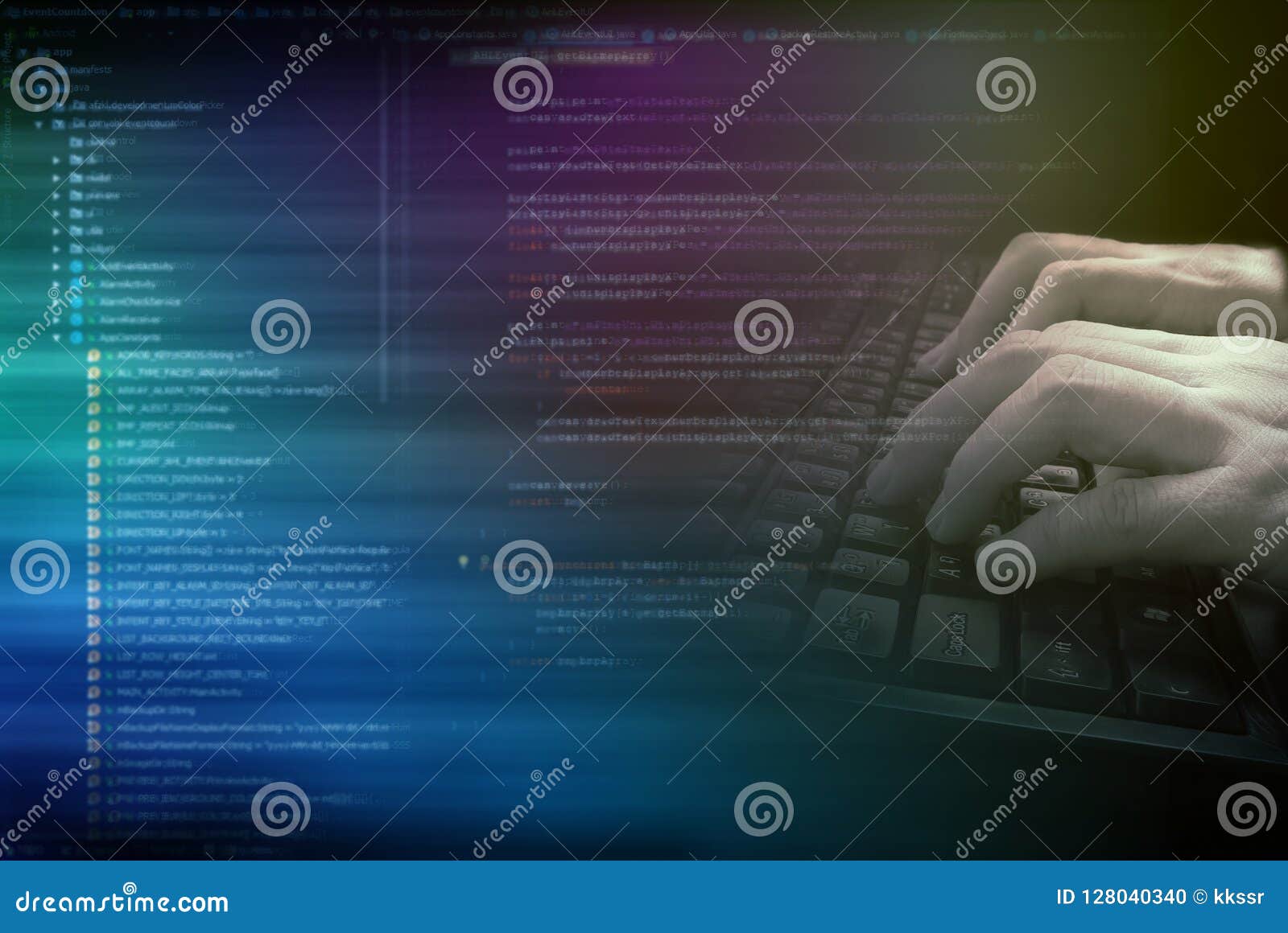 Software Source Coding Programmer Using Finger And Hand Typing On Keyboard With Overlay Text