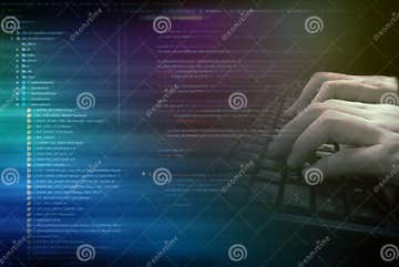 Software Source Coding. Programmer Using Finger and Hand Typing on Keyboard with Overlay Text ...