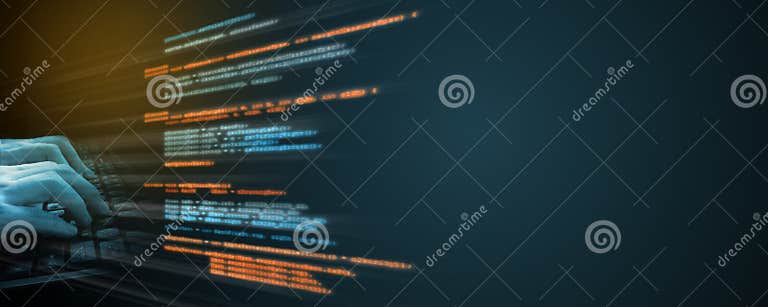 Software Source Coding. Programmer Using Finger Typing on Keyboard with Overlay Text Stock ...