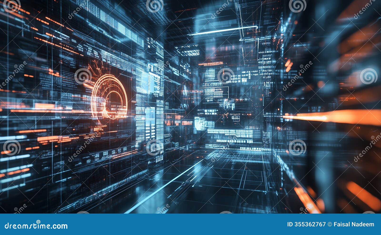 Abstract Digital Data Stream Futuristic Technology Background Orange Blue Code Glow Cyber Space ...