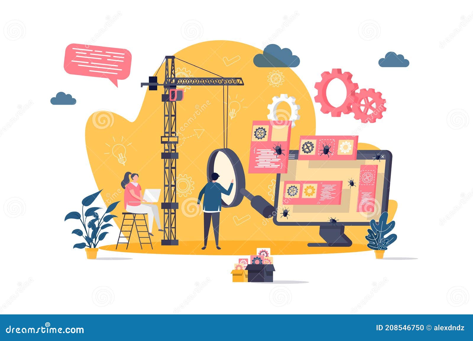 Software Testing Concept In Flat Style Engineer Debugging Web Application Scene Stock Vector