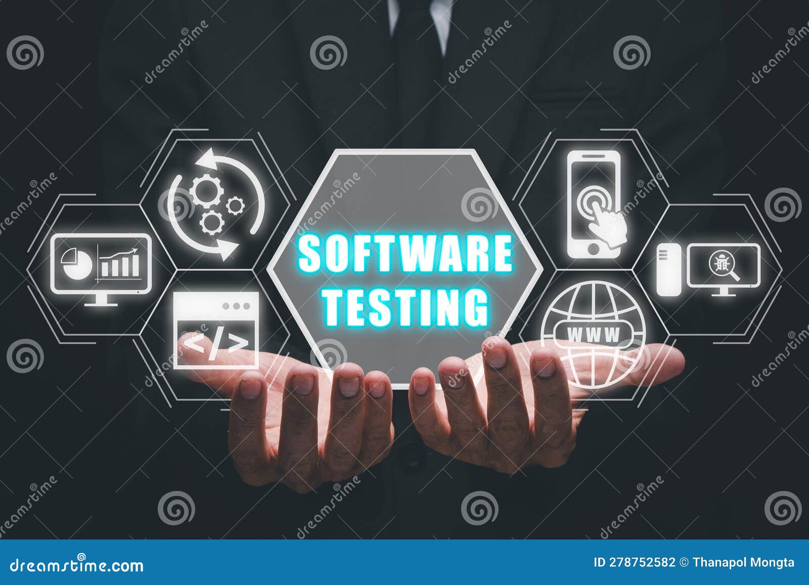 Person Hand Holding Software Testing Icon on Virtual Screen Stock Photo ...