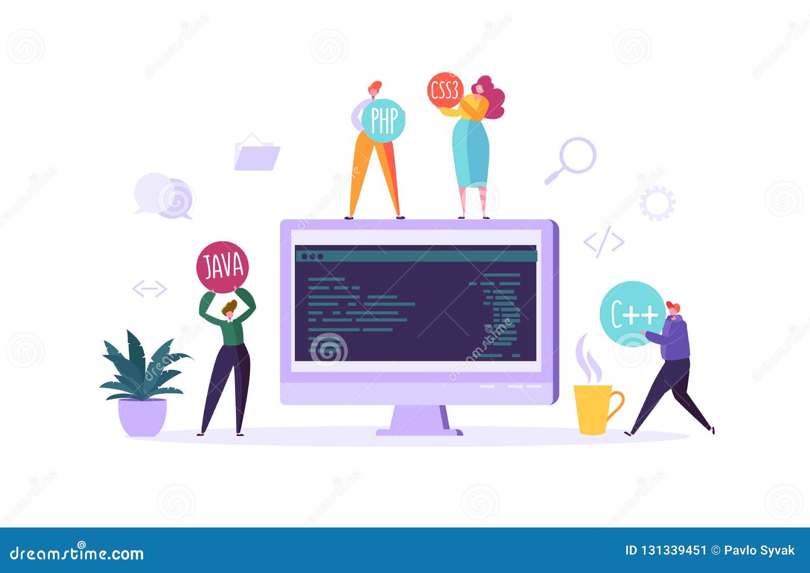 Software And Web Page Programming Concept Programmer Characters Working On Computer With Code