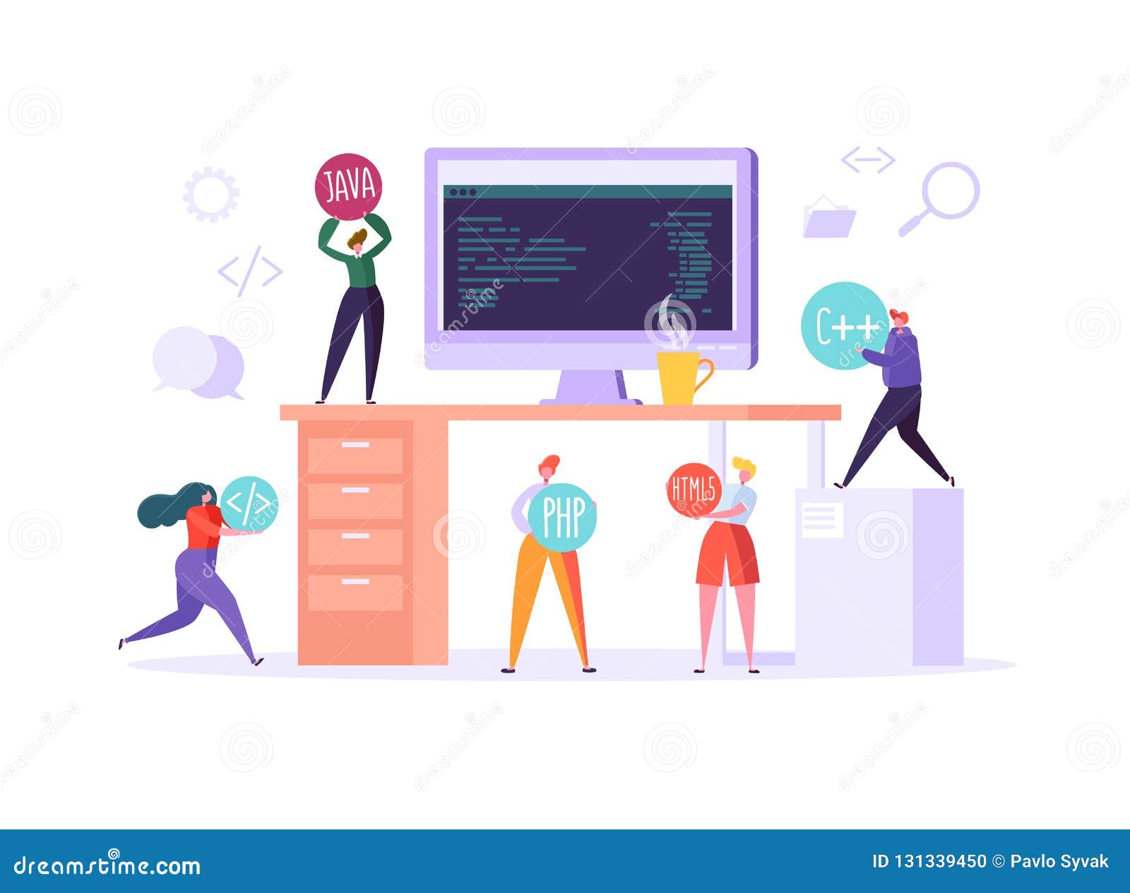 Software And Web Page Programming Concept Programmer Characters Working On Computer With Code