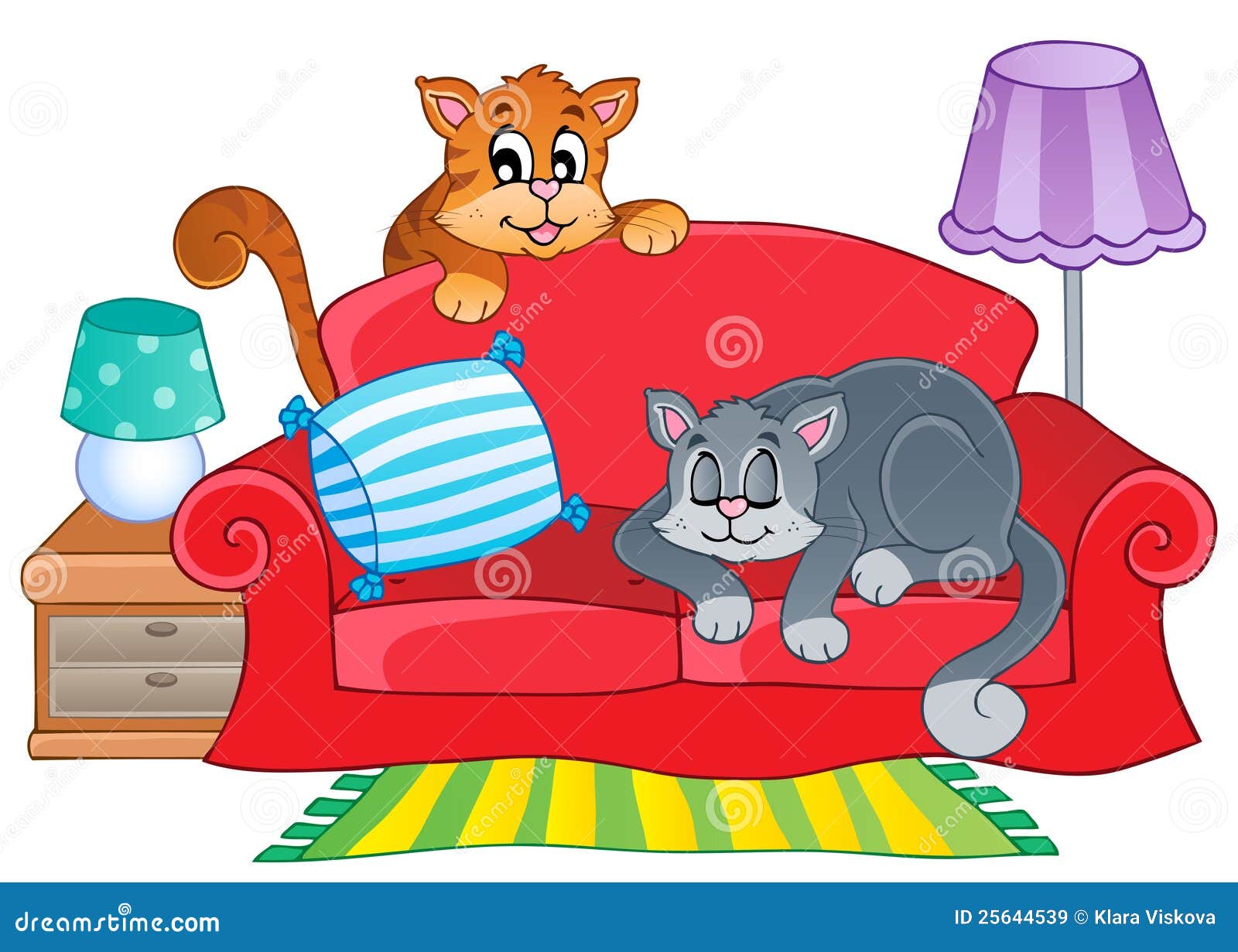Sofá Rojo Con Dos Gatos De La Historieta Ilustración del Vector - Ilustración de historieta ...