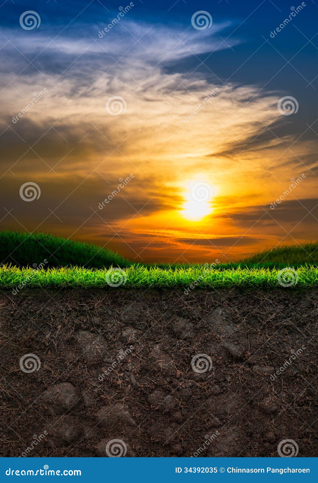 Soil with Grass in Sunset Background Stock Image - Image of environment ...