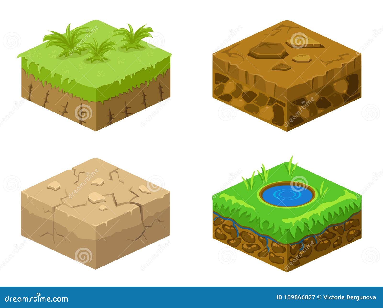 Platforms Of Different Ground Textures Set, Water, Stone, Ice, Grass ...