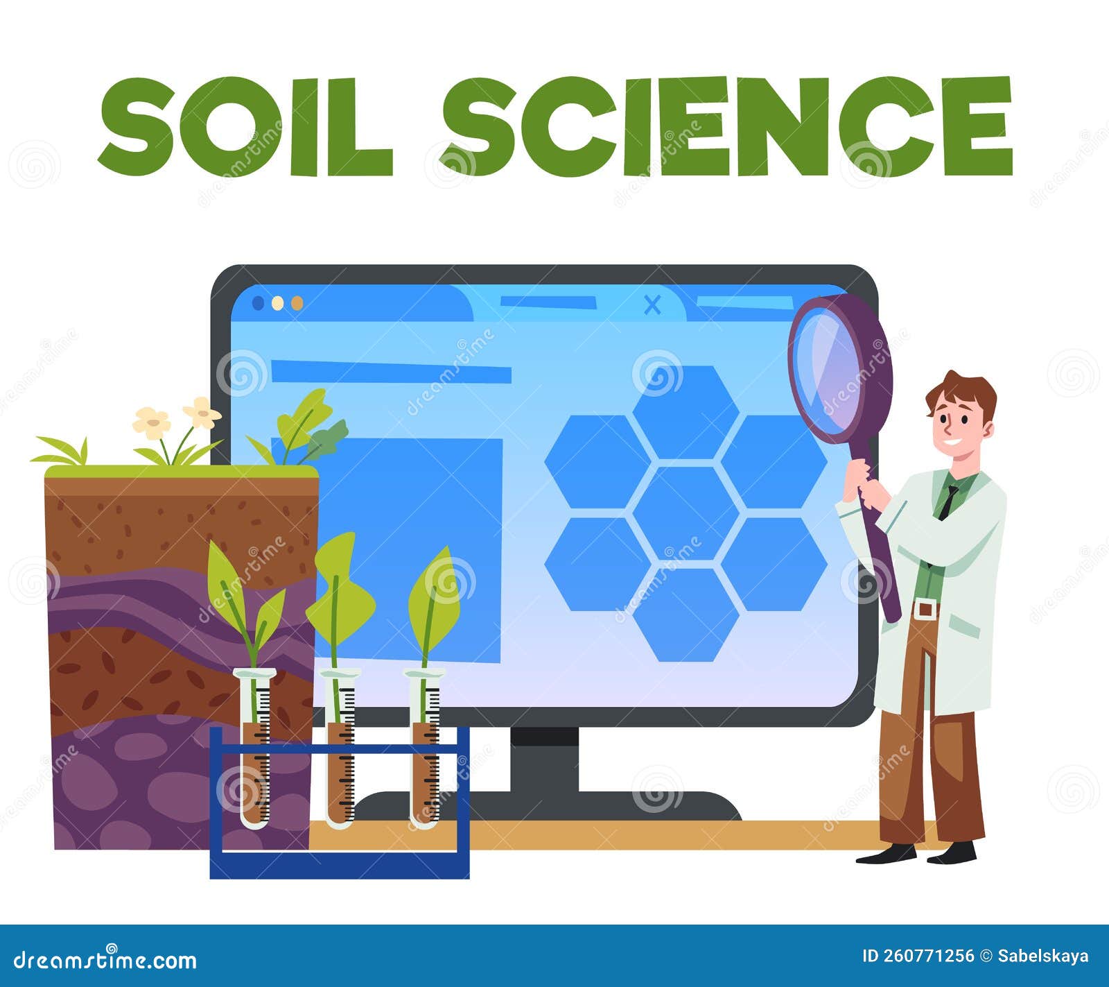Soil Science Banner, Tiny Character with Magnifier Analyzes Ground ...