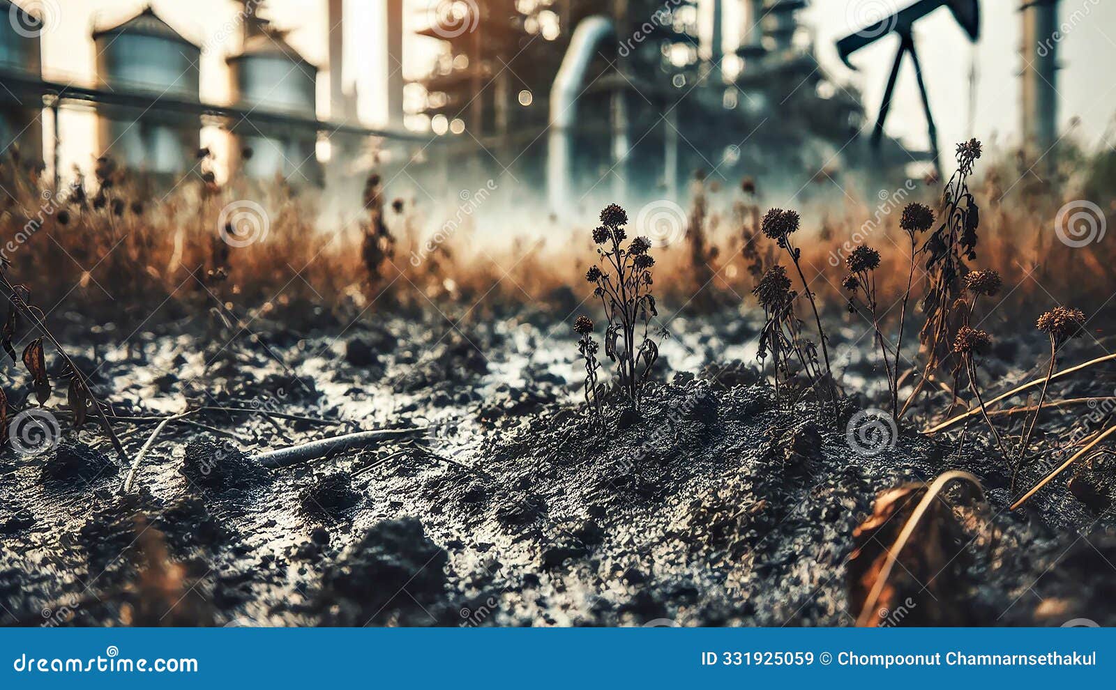 Soil Stained by Chemicals. the Background Features Blurred Dead Plants ...