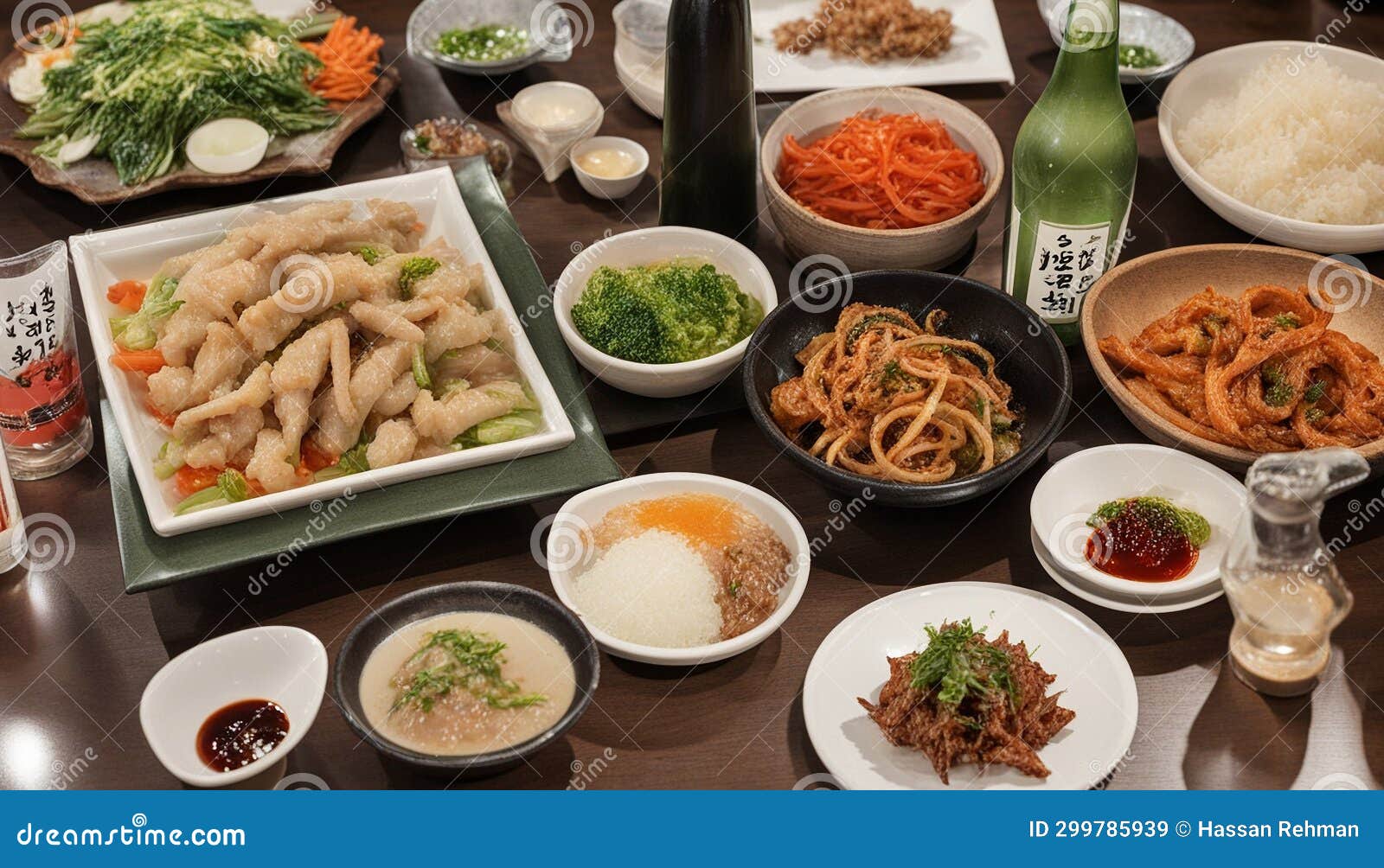 Soju Bottles and Korean Side Dishes on the Menu Stock Illustration ...