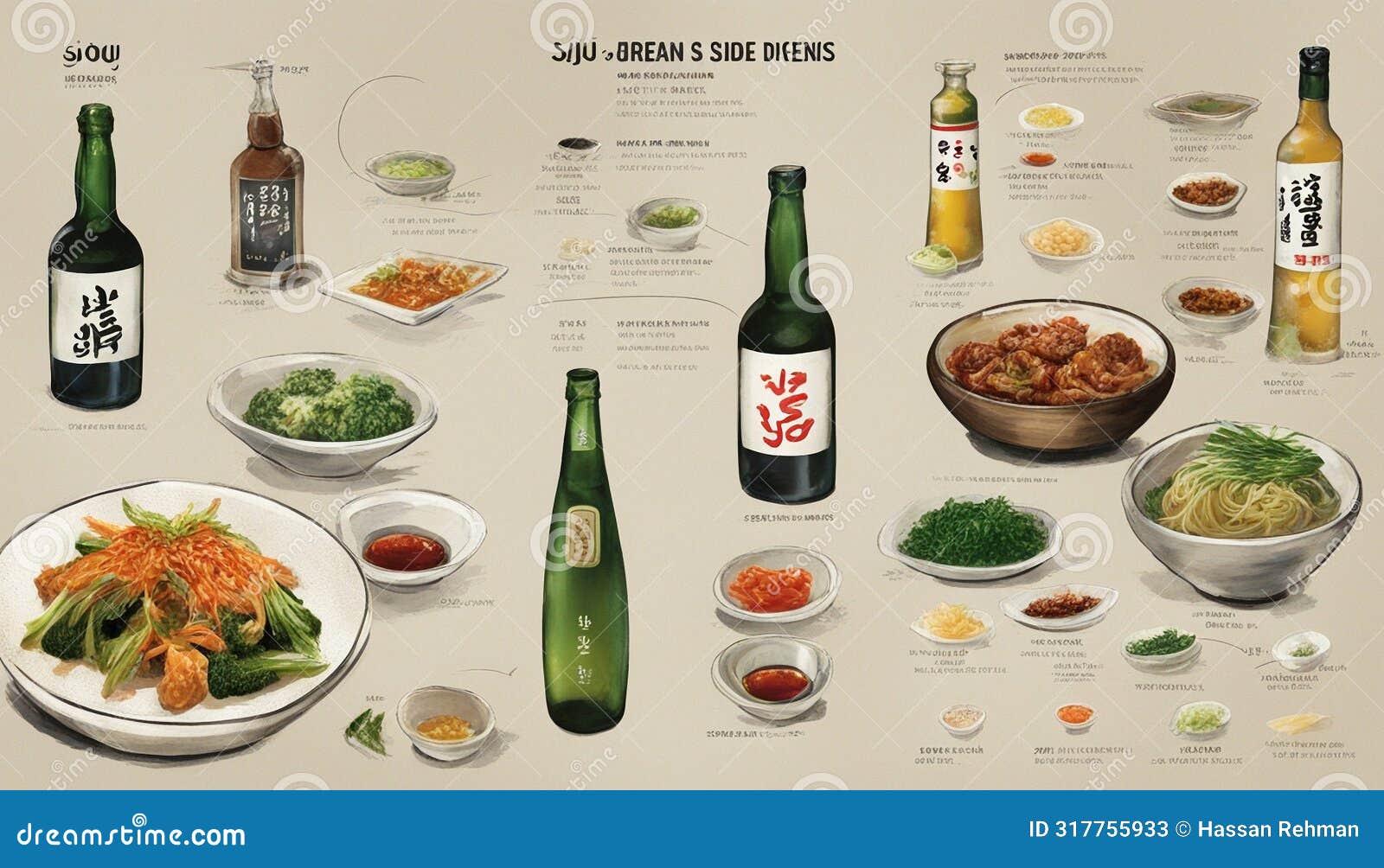 Soju Bottles And Korean Side Dishes On The Menu Stock Image ...