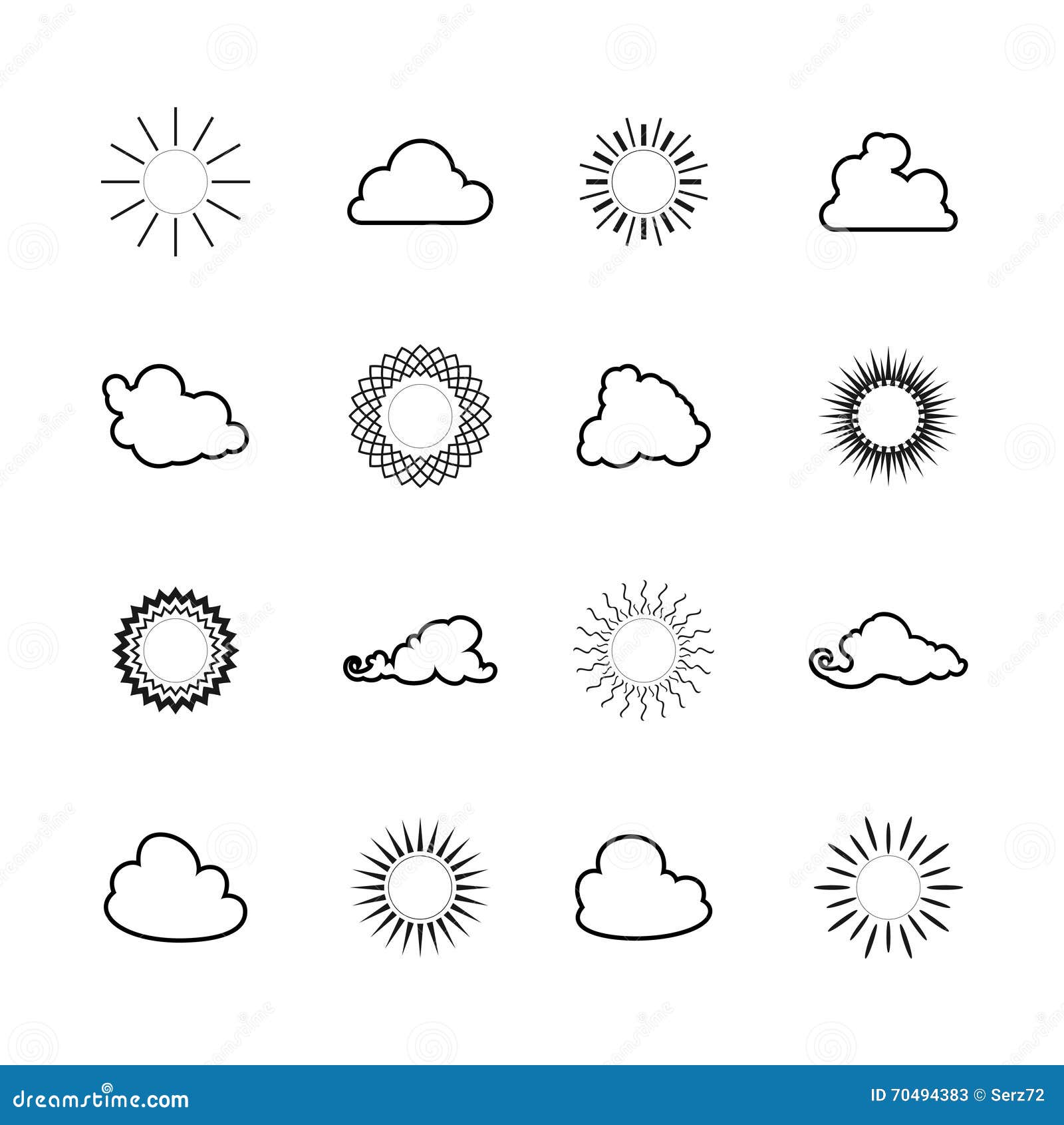 Sol Och Moln, Linje Stildesign Vektor Illustrationer - Illustration av ...