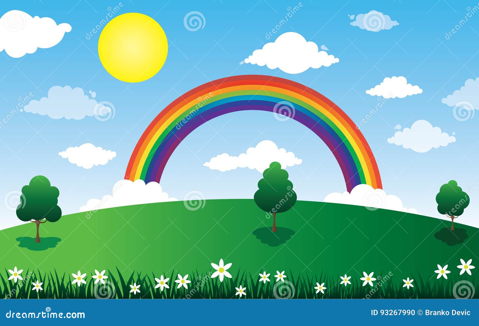 Sol Och Moln Med Regnbågelandskap Vektor Illustrationer - Illustration ...
