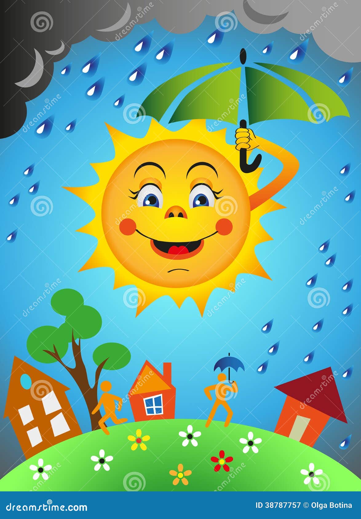 Sol och regn vektor illustrationer. Illustration av tecknad - 38787757