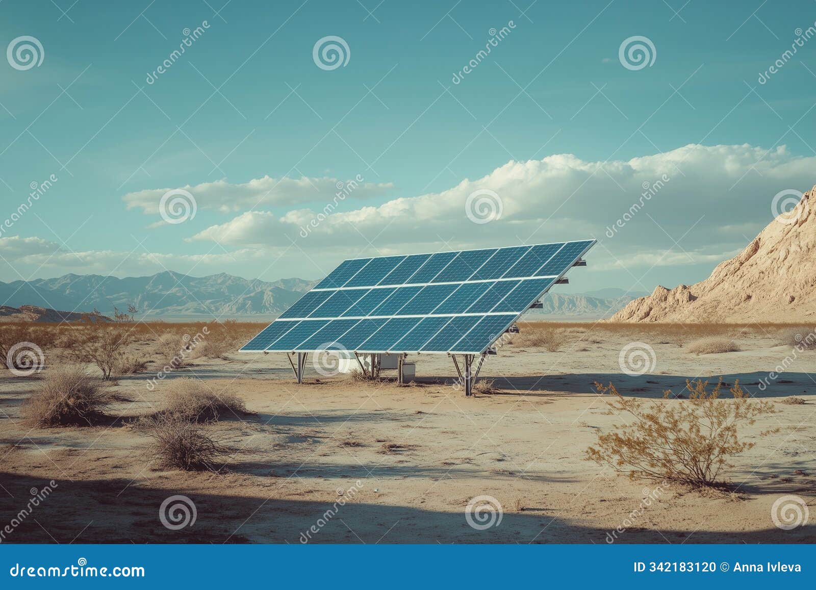 Solar Array in a Desert Landscape with a Focus on Solar Panel ...