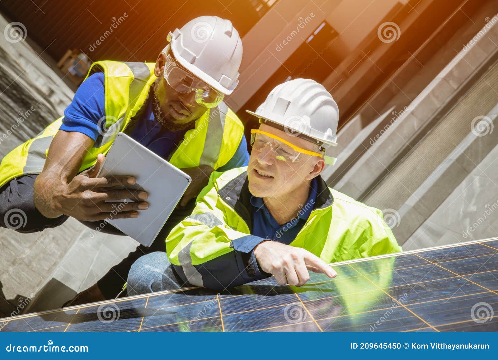 Solar Cell Engineer Teamwork Working Together To Install and Check ...