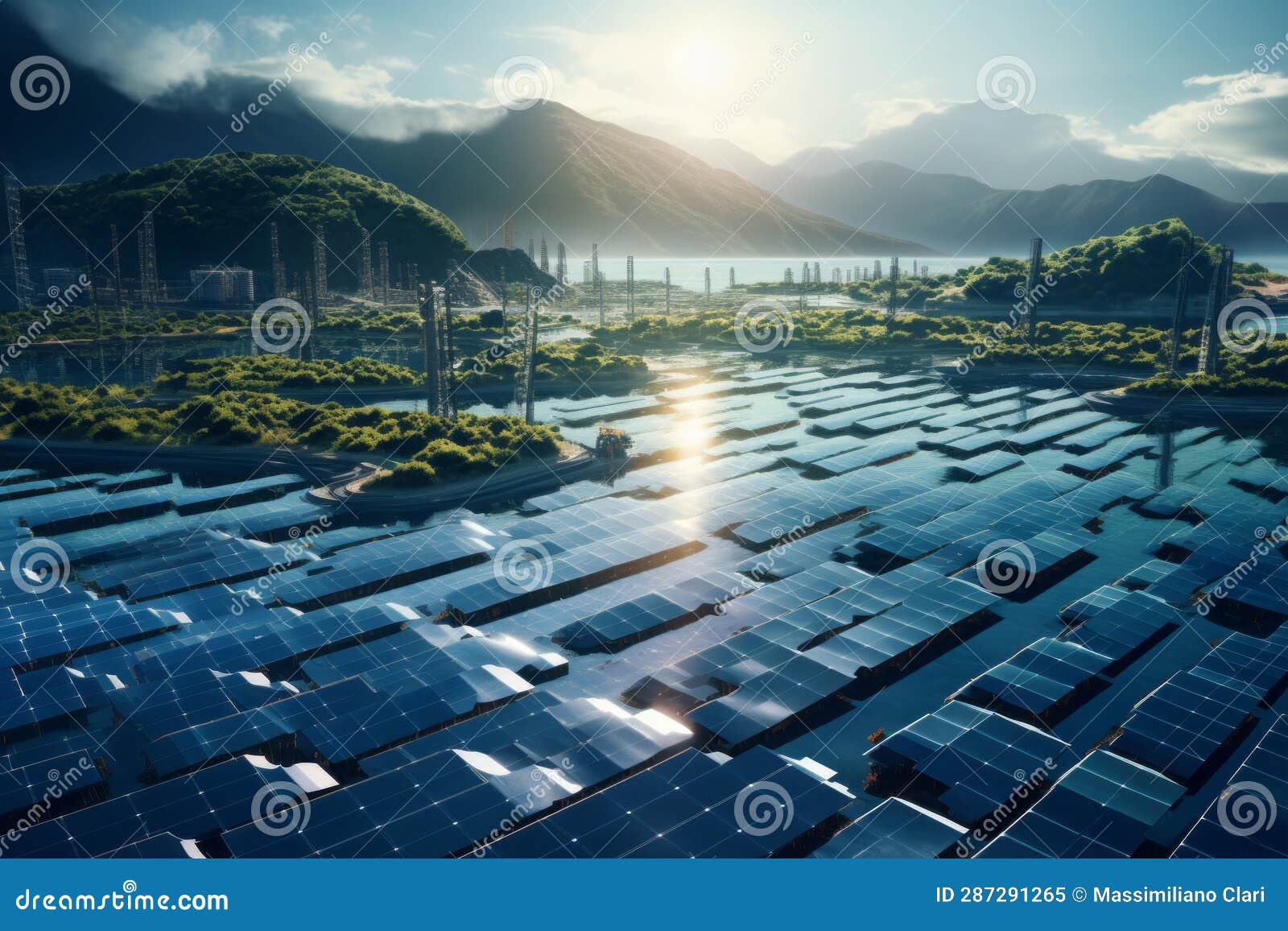Solar Cell Farms Floating on the Water Surface. Generative Ai Stock ...
