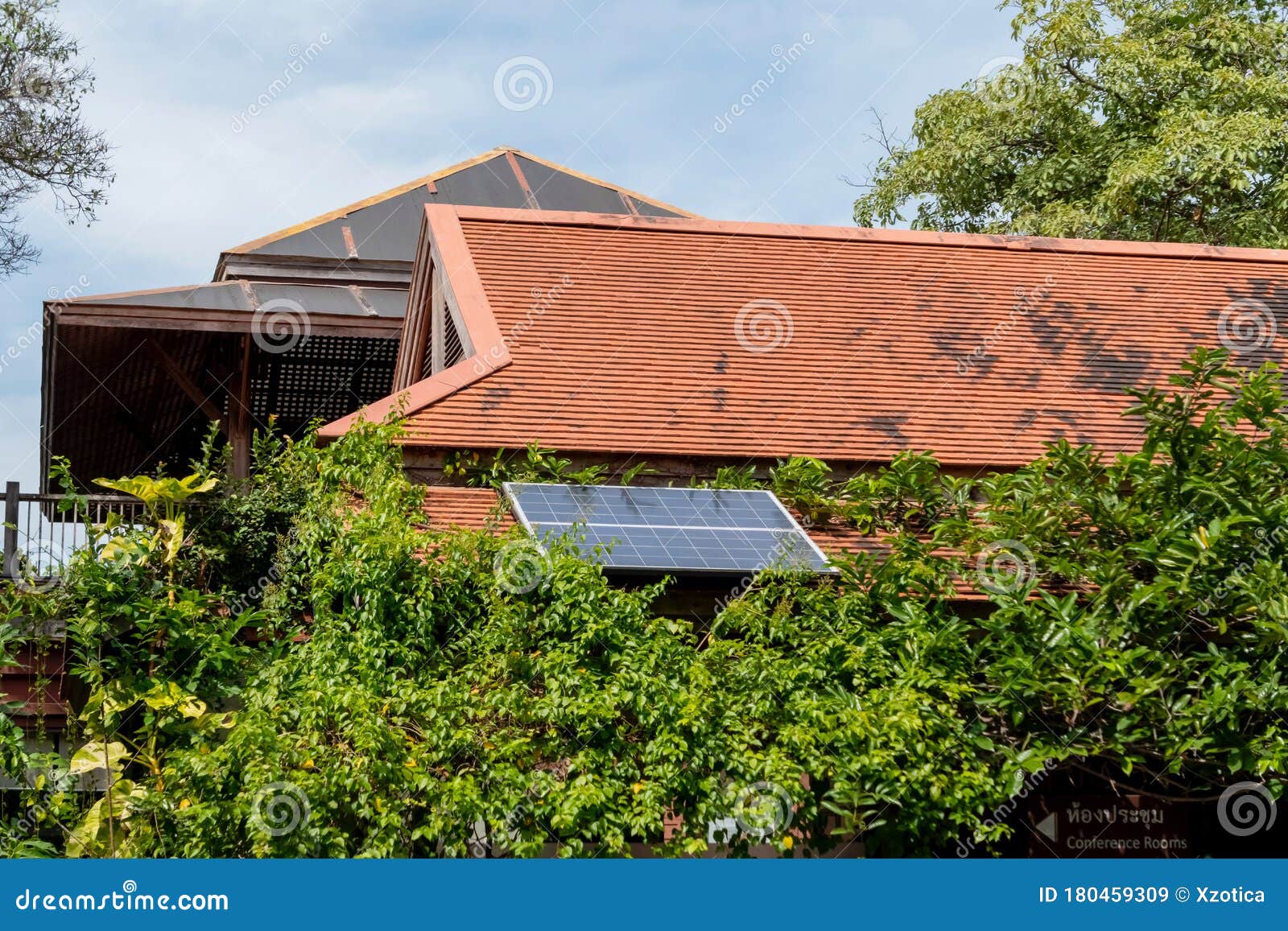 Solar Cell Panel on the Brown Roof with Many Climber Trees Editorial ...