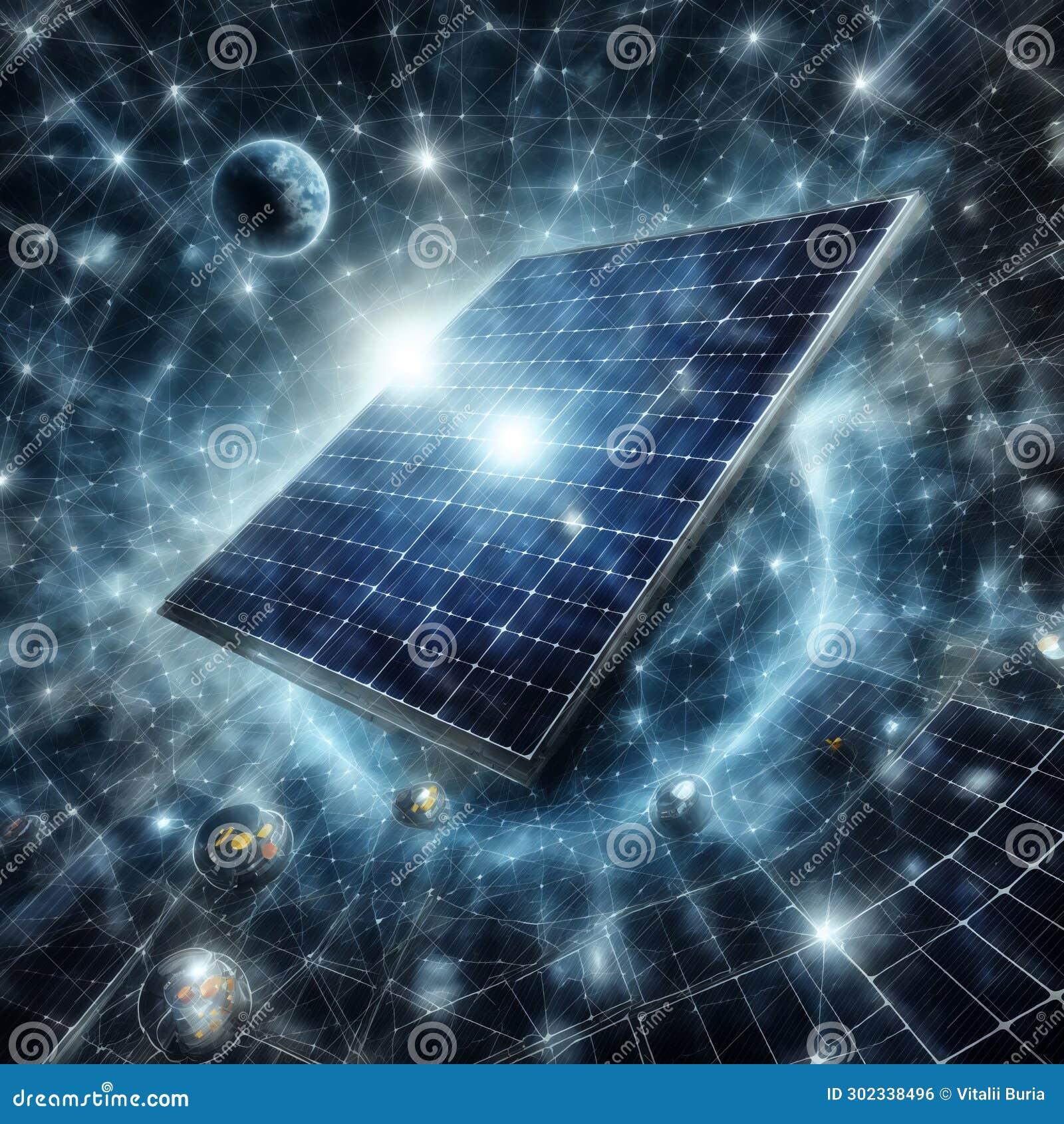 Solar Cell in Space with Planets and Stars. 3d Rendering, Generative Ai ...