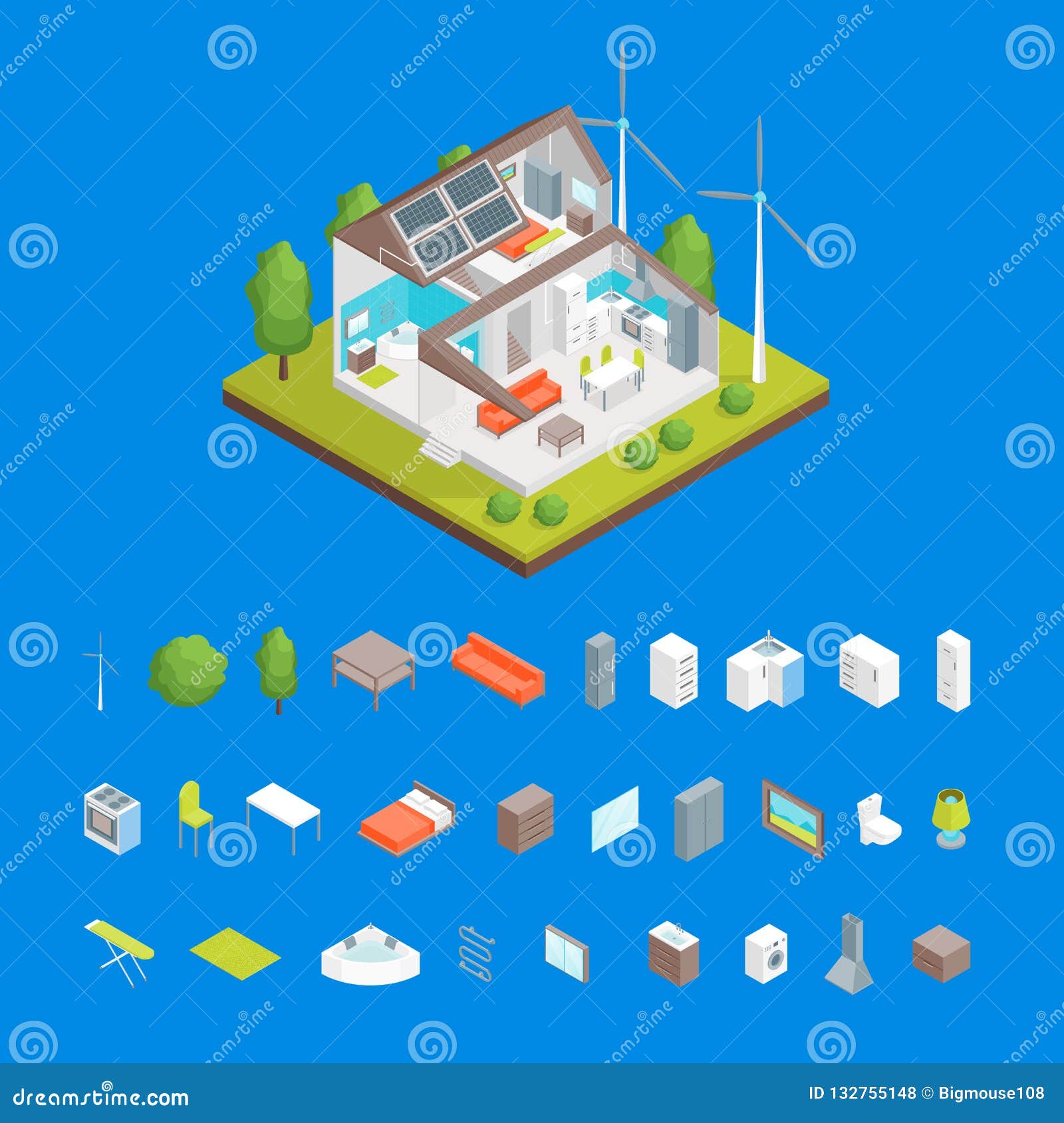 Solar Cell System in Home and Elements Concept 3d Isometric View ...