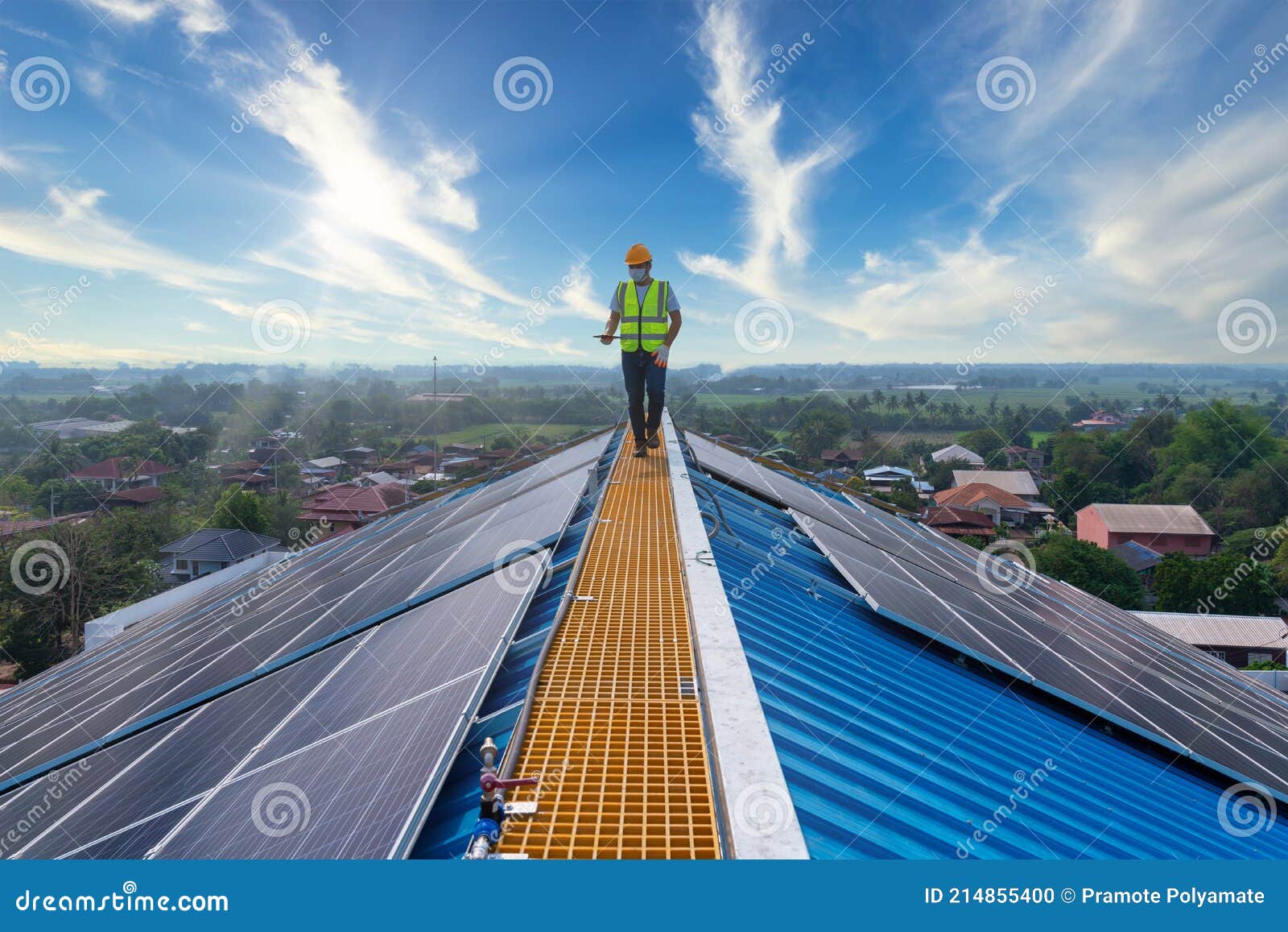 Solar Cells, Technician Working at Solar Power Station on Roof, Solar ...