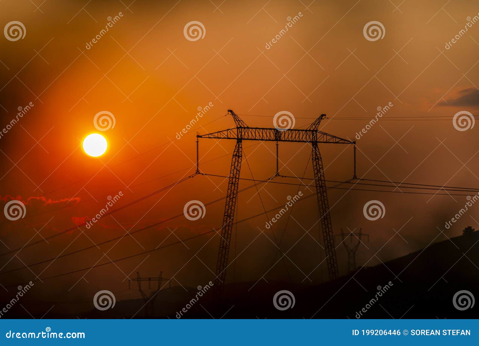 Solar Dish on the Elctric Pylon at the Sunset Stock Photo - Image of ...