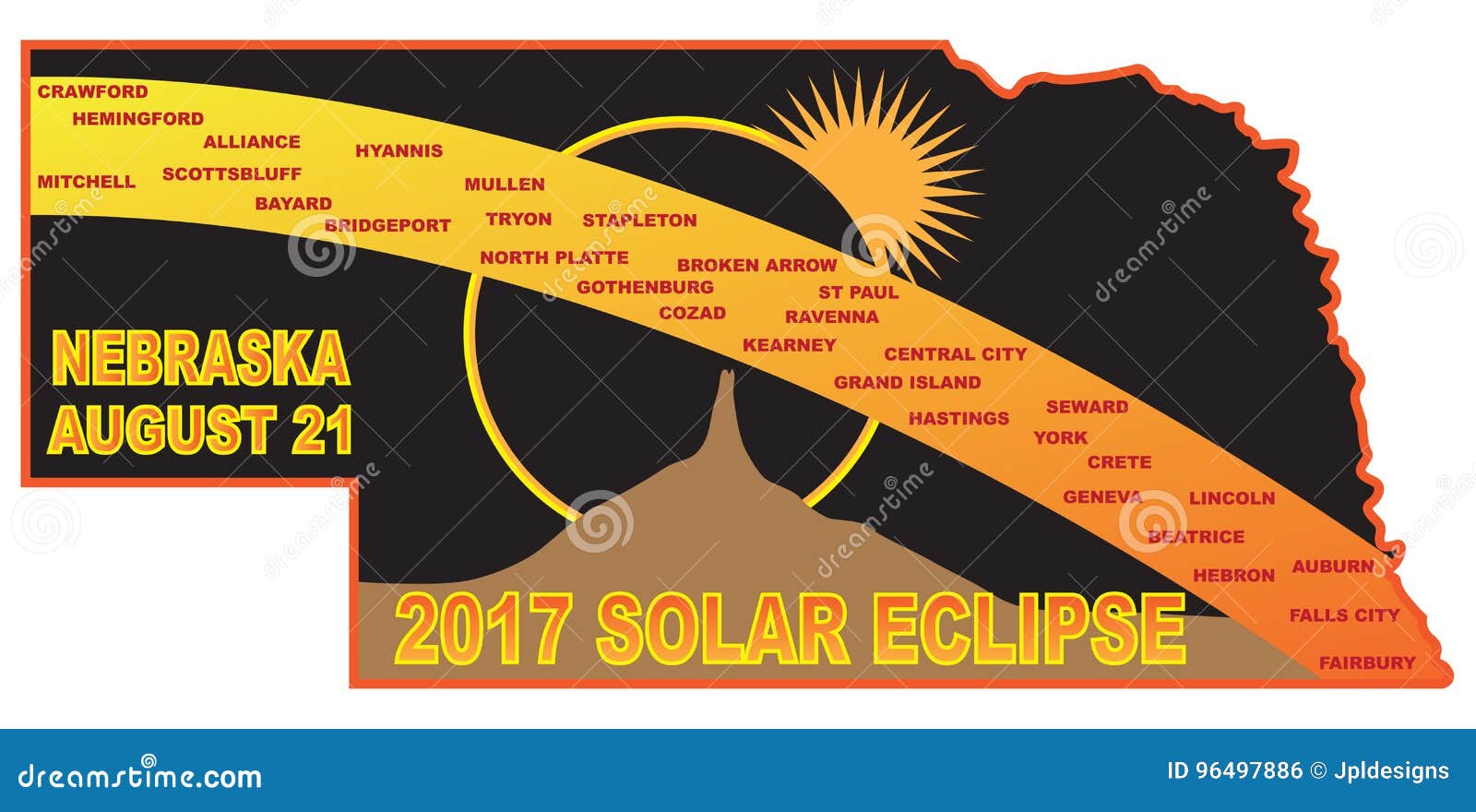 2017 Solar Eclipse Across Nebraska Cities Map Vector Illustration Stock ...