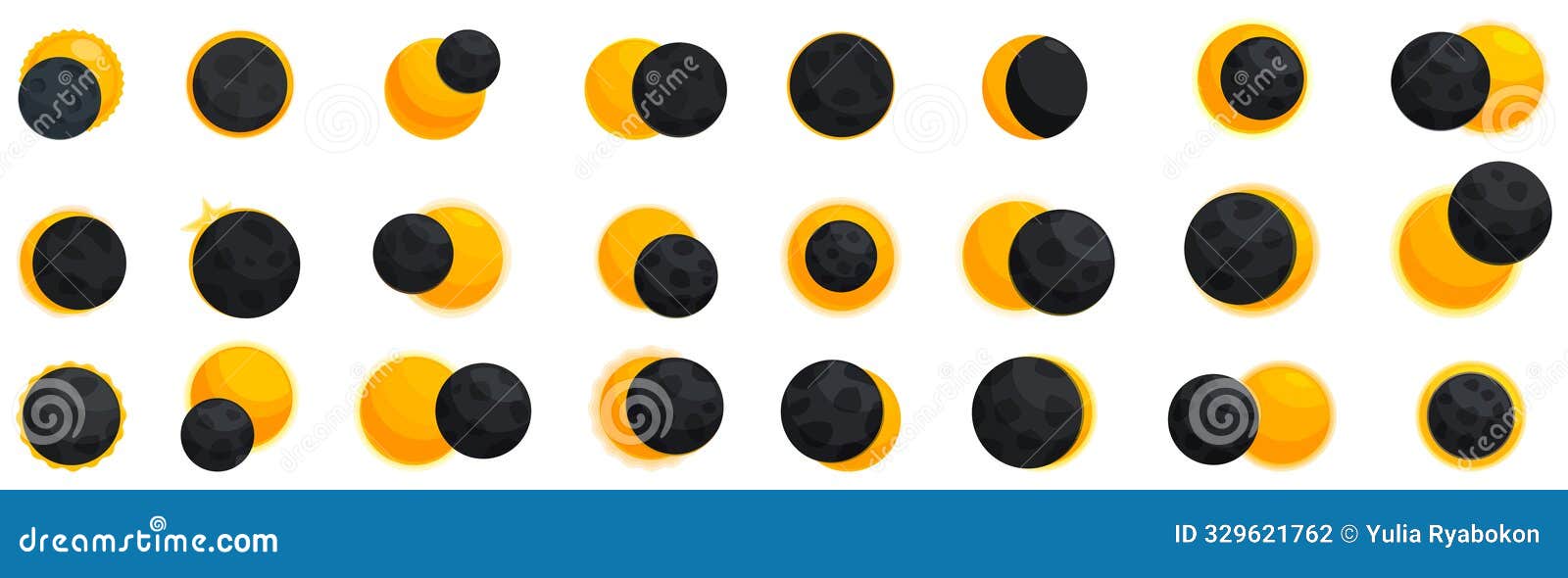 Solar Eclipse Icons Set. Solar Eclipse Phases with Moon Covering Sun Icons Set Cartoon Style ...